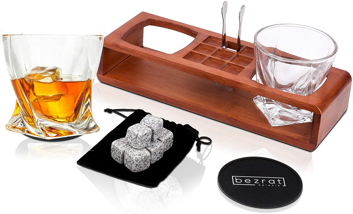 Bezrat Whiskey Glass Wood Stand Gift Set - Stone Tray - Scotch Bourbon