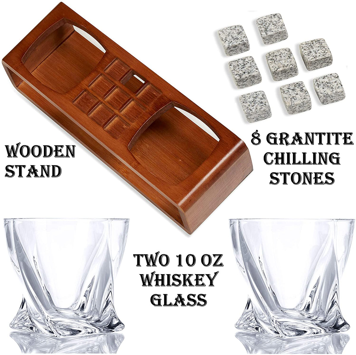 Bezrat Whiskey Glass Wood Stand Gift Set - Stone Tray - Scotch Bourbon